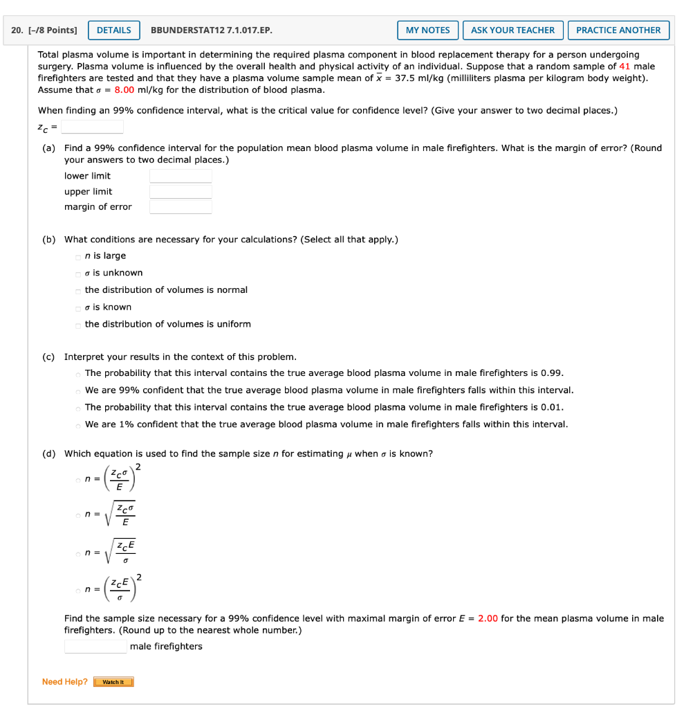 Solved 20. [-/8 Points] DETAILS BBUNDERSTAT12 7.1.017.EP. | Chegg.com