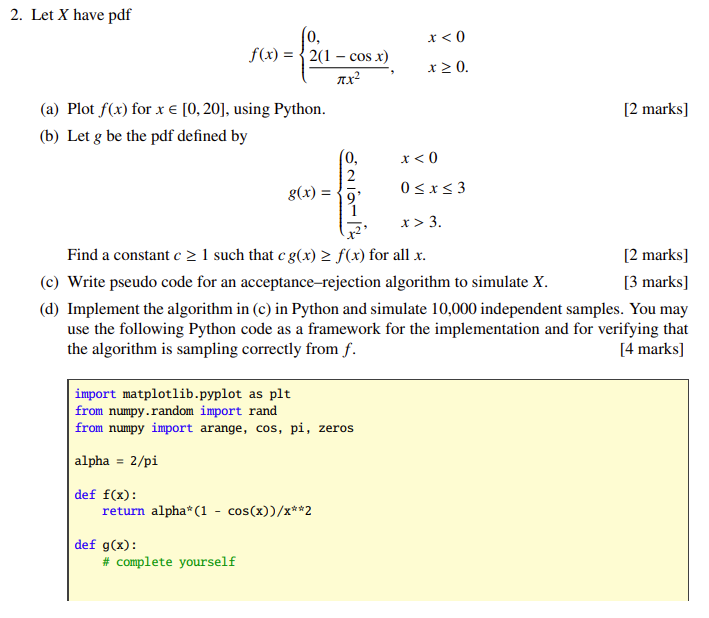 Solved 2. Let X have pdf f(x)={0,πx22(1−cosx),x