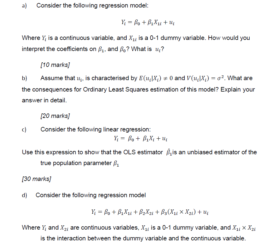 Solved a) Consider the following regression model: Yị = Bo + | Chegg.com