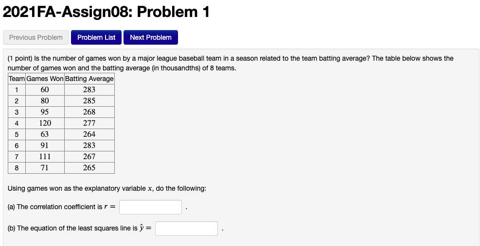 Solved 2021FA-Assign08: Problem 1 Previous Problem Problem | Chegg.com
