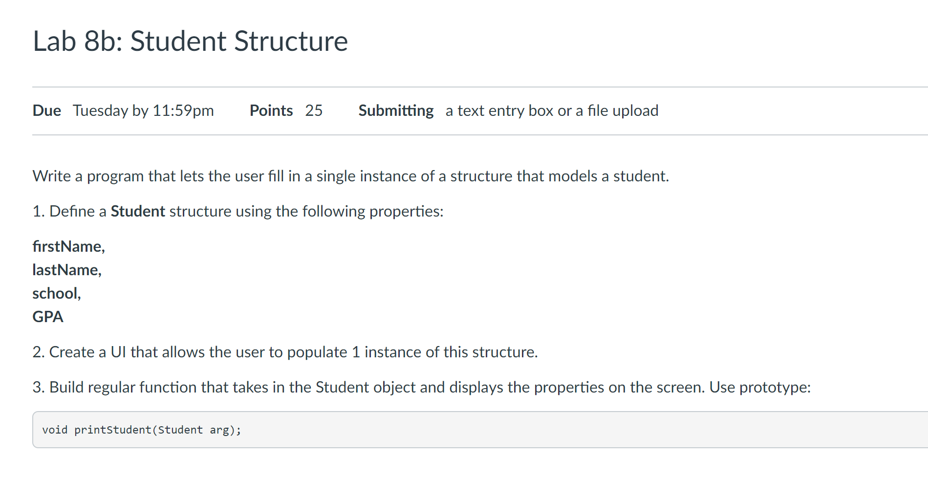 Solved Lab 8b: Student Structure Due Tuesday by 11:59pm | Chegg.com