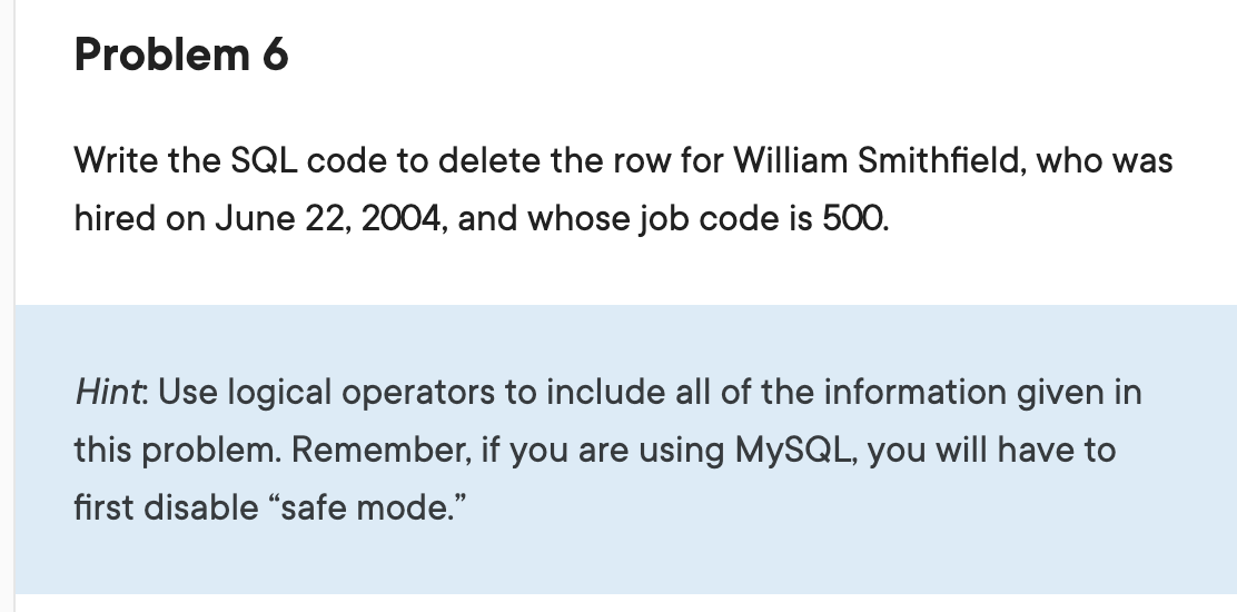 Solved Write the SQL code to change the job code to 501 for | Chegg.com