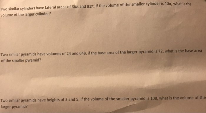 Solved Two similar cylinders have lateral areas of 36t and | Chegg.com
