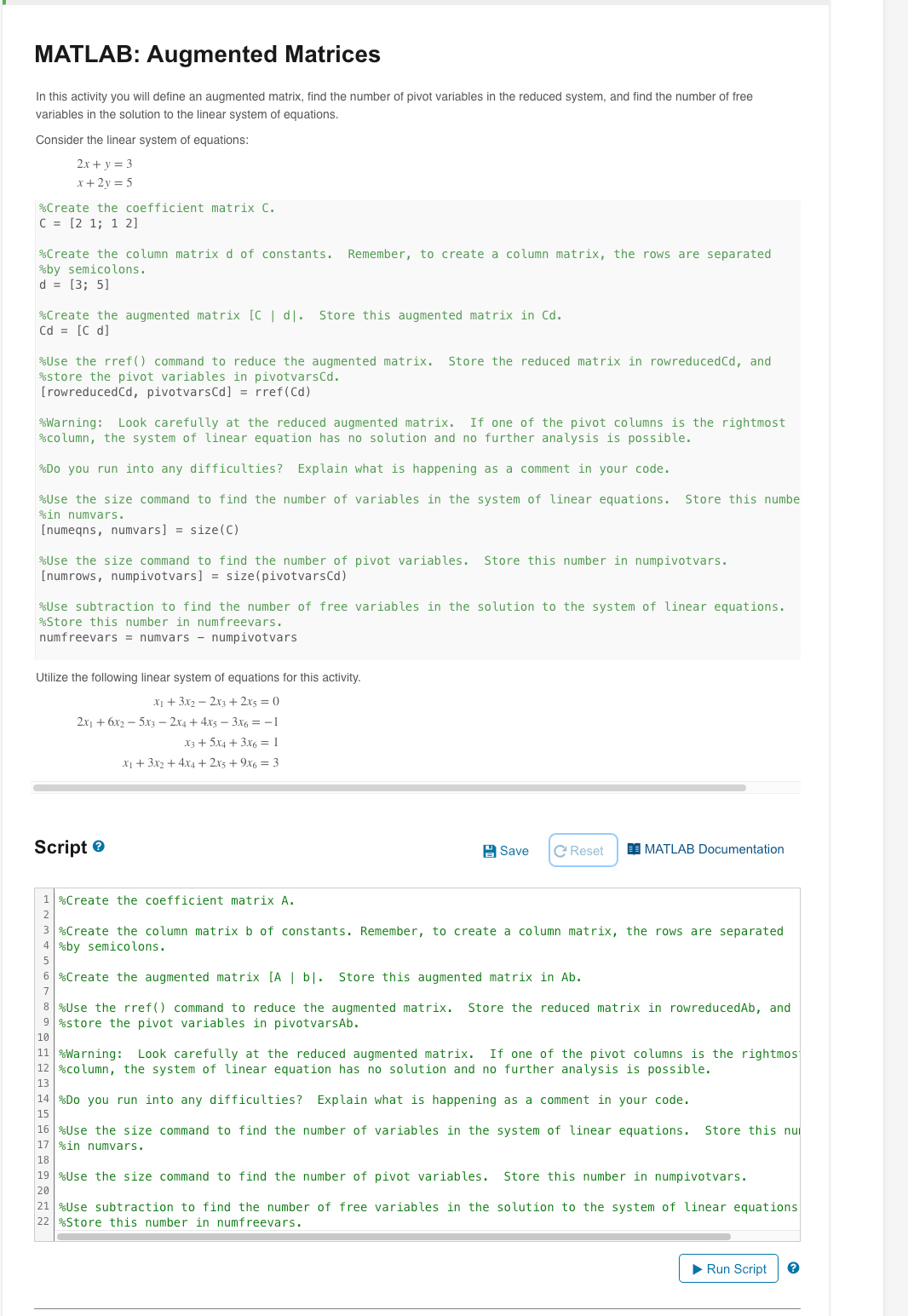 Solved MATLAB: Augmented MatricesIn ﻿this activity you will | Chegg.com
