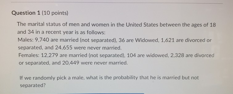Solved Question 1 (10 points) The marital status of men and | Chegg.com