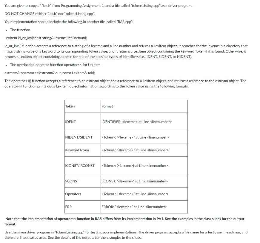 Solved Lex.h /* * lex.h * * CS280 * Spring | Chegg.com