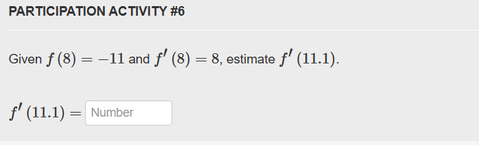Solved PARTICIPATION ACTIVITY #6Given f(8)=-11 ﻿and f'(8)=8, | Chegg.com