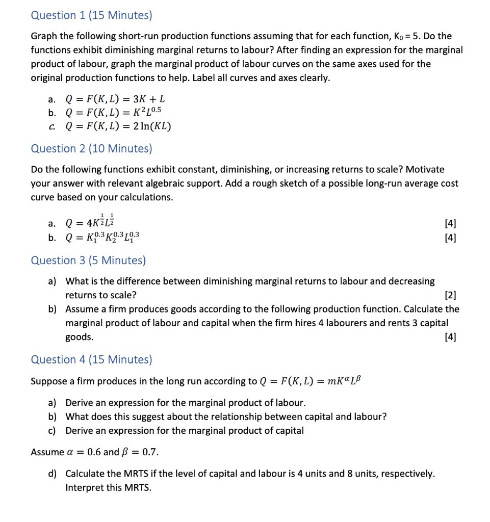 Graph the following short-run production functions | Chegg.com