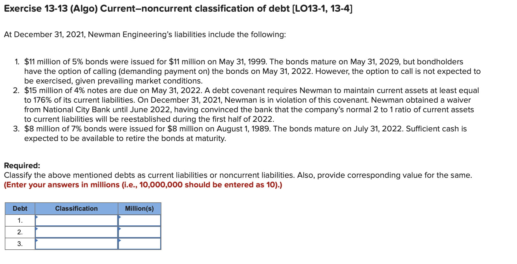 Solved Exercise 13-13 (Algo) Current-noncurrent | Chegg.com