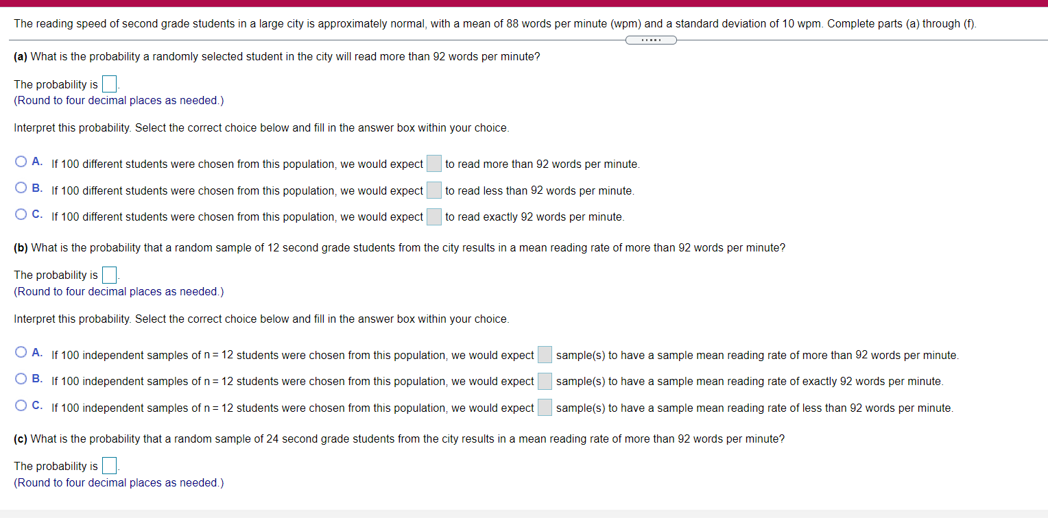 Solved The reading speed of second grade students in a large | Chegg.com