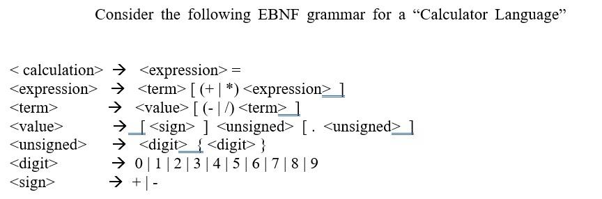 Consider the following EBNF grammar for a “Calculator | Chegg.com