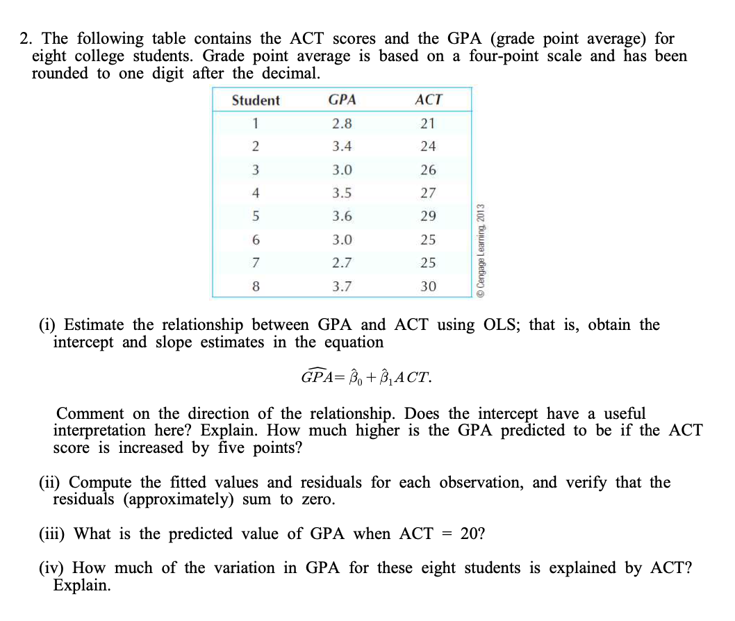 Solved 2. The following table contains the ACT scores and | Chegg.com