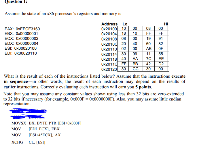 Solved Assume the state of an x86 processor's registers and | Chegg.com