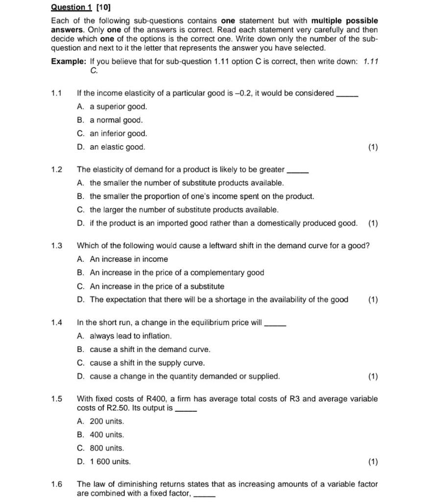 Solved Question 1 [10] Each of the following sub-questions | Chegg.com