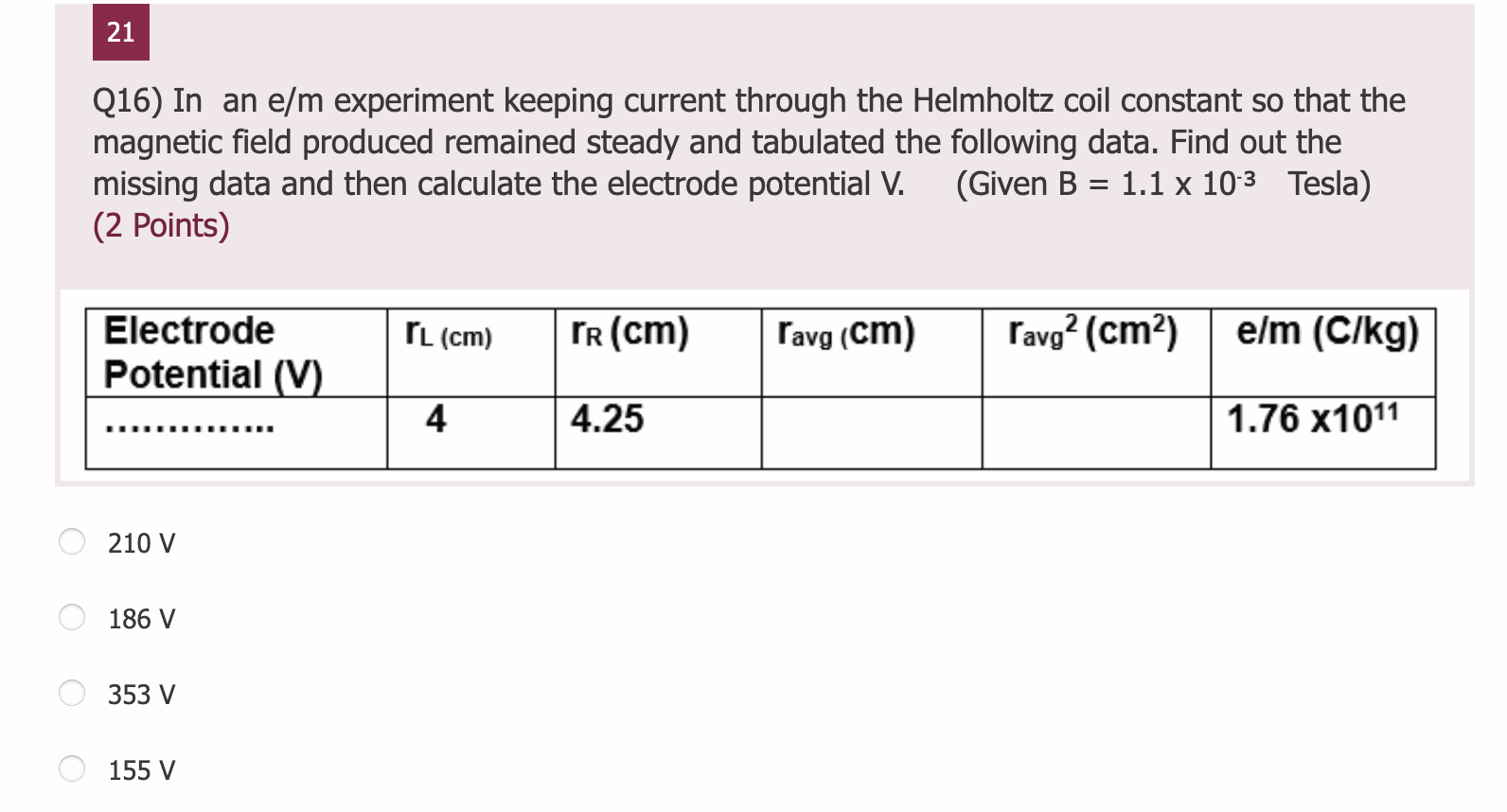 Solved 21 Q16) In an e/m experiment keeping current through | Chegg.com