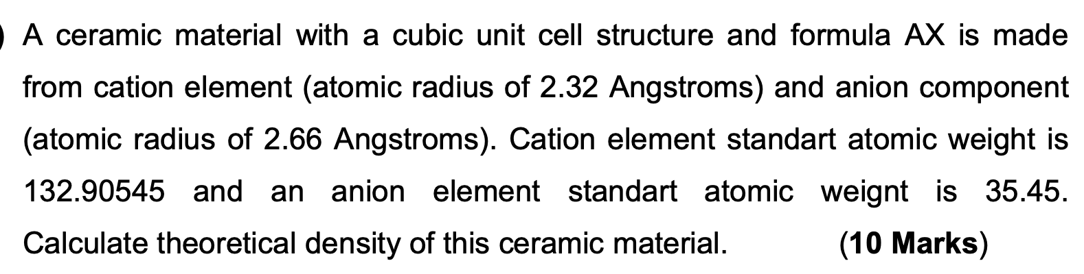 Solved A ceramic material with a cubic unit cell structure | Chegg.com