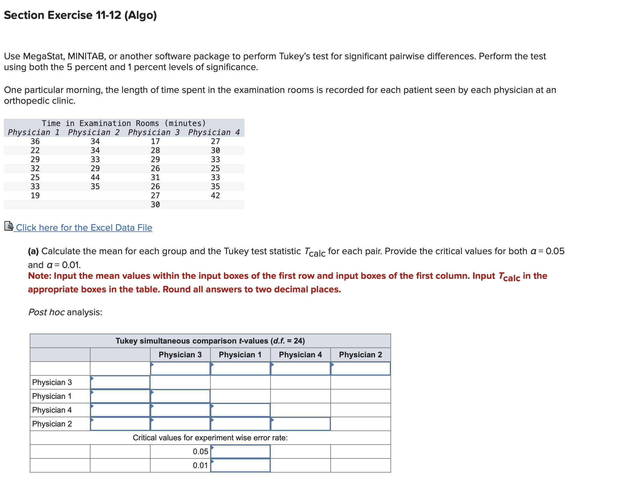 Solved Section Exercise 11-12 (Algo)Use MegaStat, MINITAB, | Chegg.com