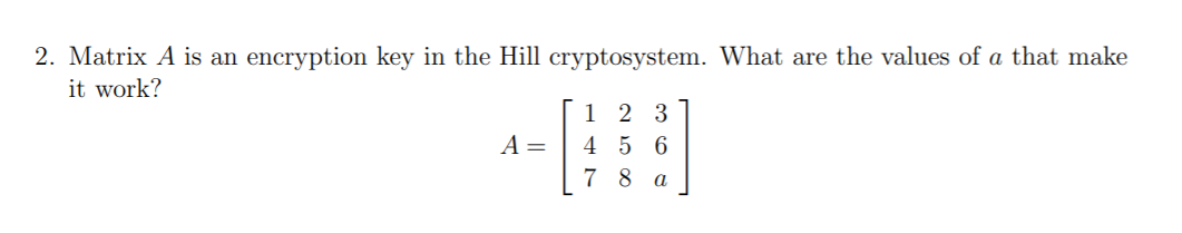 Solved 2. Matrix A is an encryption key in the Hill | Chegg.com