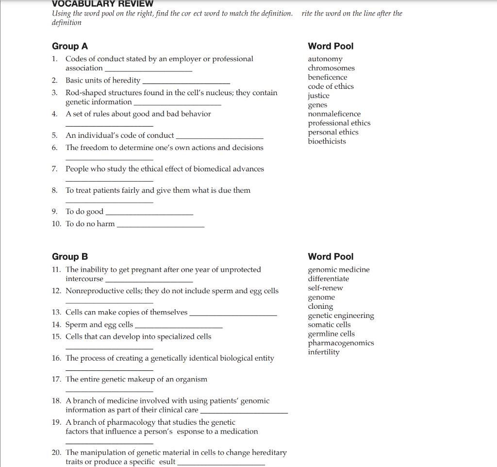 Solved VOCABULARY REVIEW Using the word pool on the right, | Chegg.com
