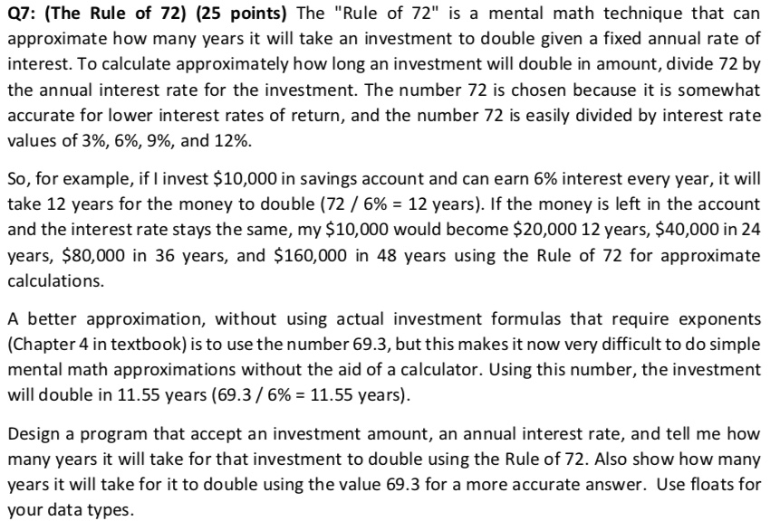 Solved Q7: (The Rule of 72) (25 points) The "Rule of 72" is | Chegg.com