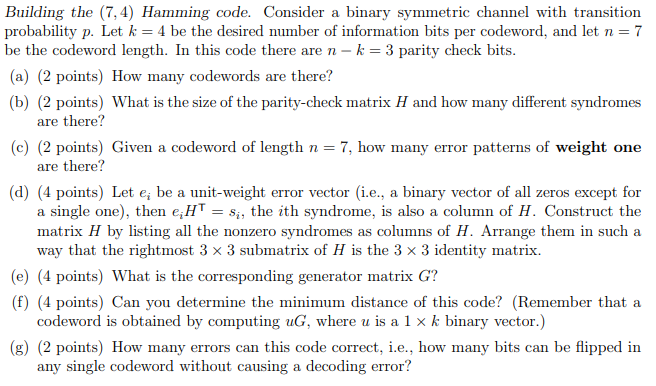 Building the (7,4) Hamming code. Consider a binary | Chegg.com
