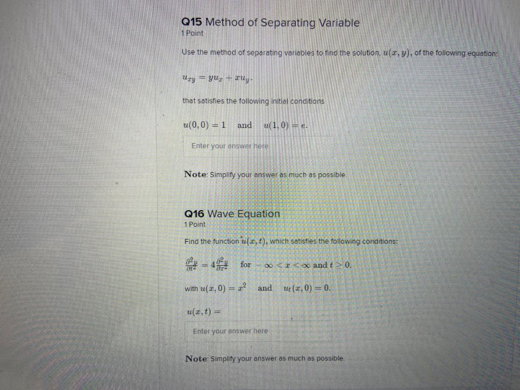 Solved Q15 Method of Separating Variable 1 Point Use the | Chegg.com