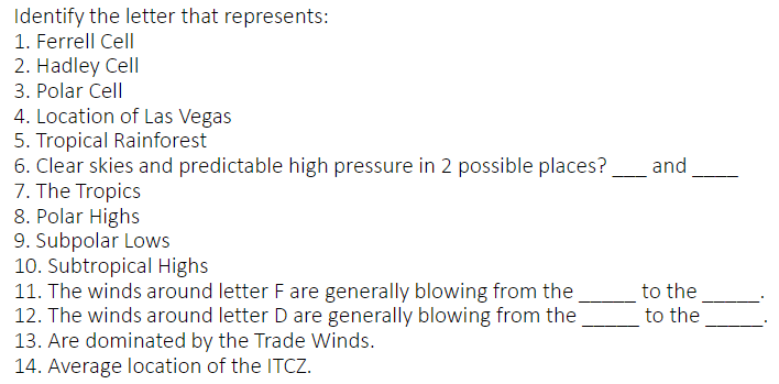 Solved Identify the letter that represents: 1. Ferrell Cell | Chegg.com