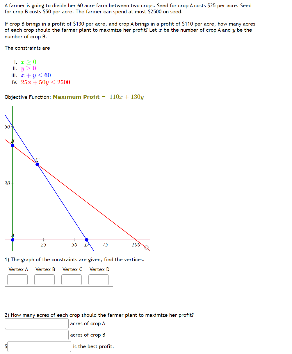 Solved A farmer is going to divide her 60 acre farm between | Chegg.com