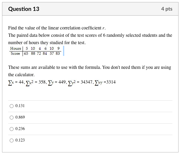 Solved Find the value of the linear correlation coefficient | Chegg.com
