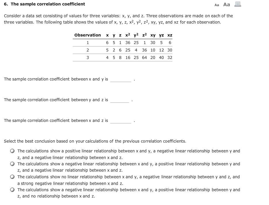 Solved 6. The sample correlation coefficient Aa Aa E | Chegg.com