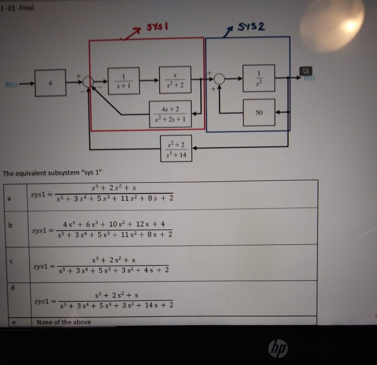 Solved 1-01 - Final SYS S432 45+2 52 +2s + 1 50 8²+2 + 14 | Chegg.com