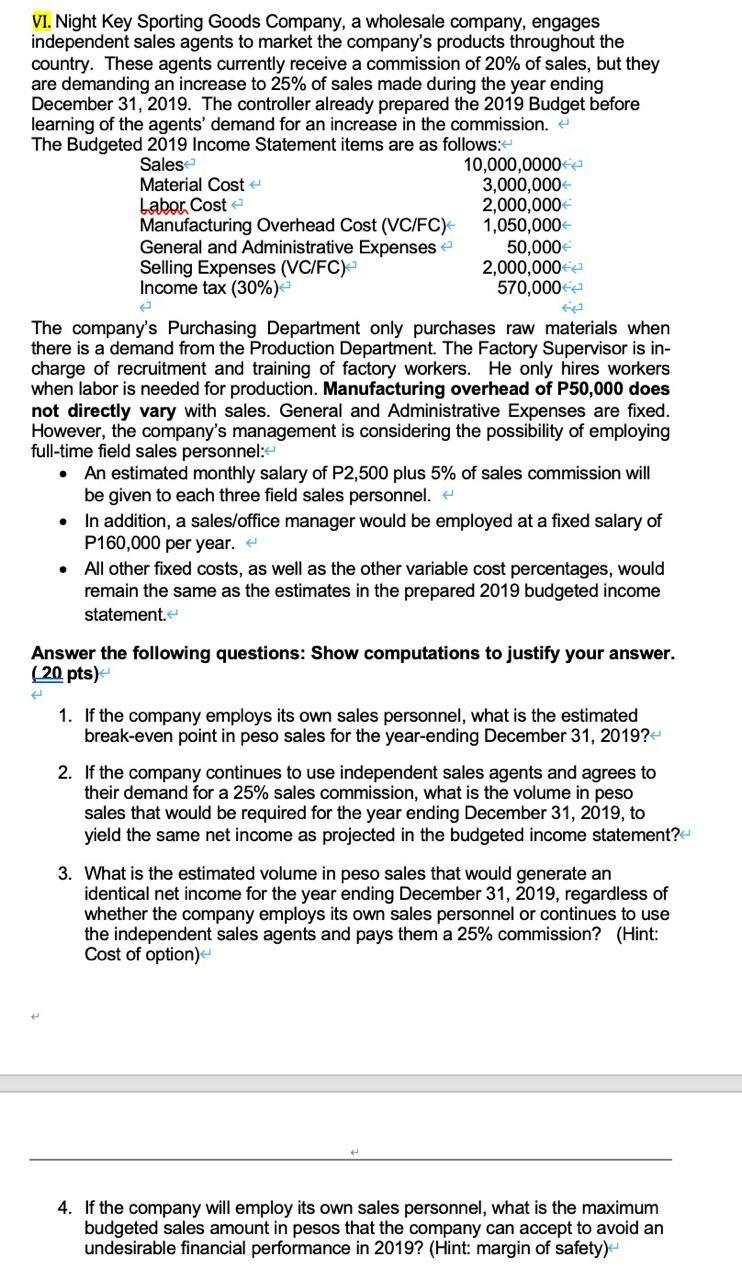 Solved VI Night Key Sporting Goods Company A Wholesale Chegg