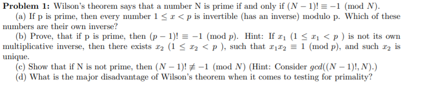 Solved Problem 1: Wilson's theorem says that a number N is | Chegg.com