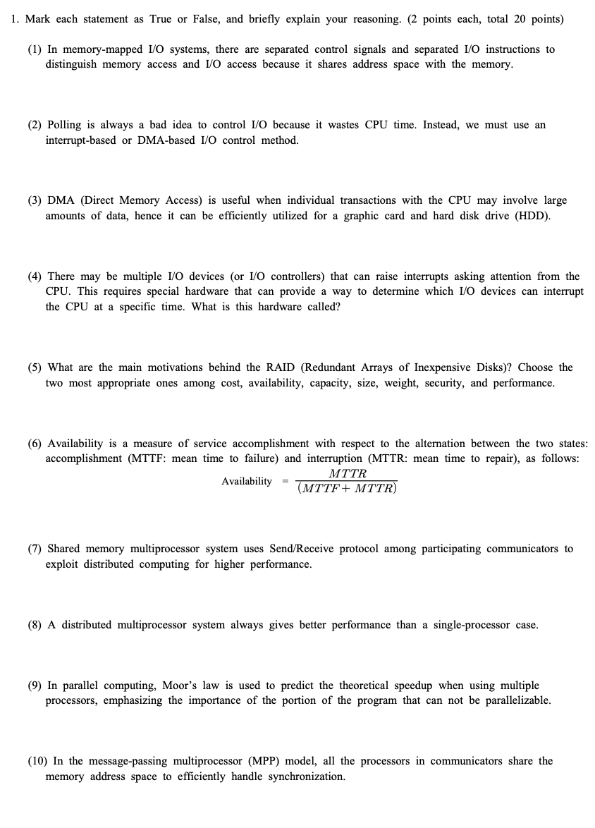 Solved 1. Mark each statement as True or False, and briefly | Chegg.com