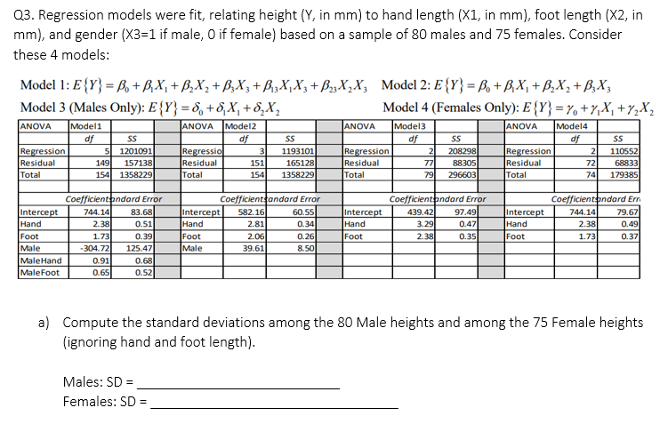 Q3. Regression models were fit, relating height (Y, | Chegg.com