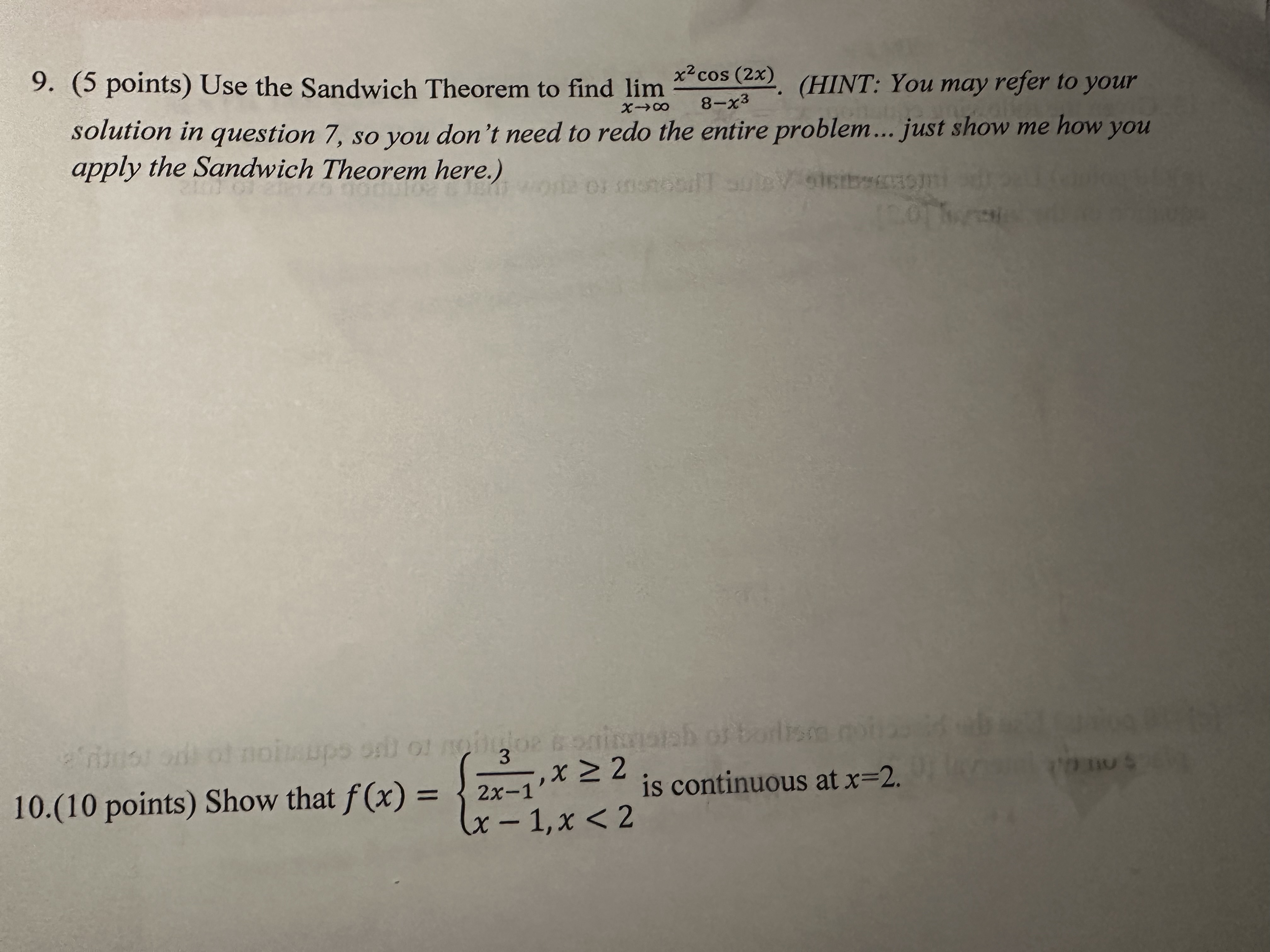 Solved 9. (5 points) Use the Sandwich Theorem to find | Chegg.com