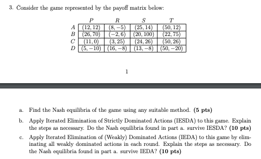 Solved 3. Consider the game represented by the payoff matrix | Chegg.com