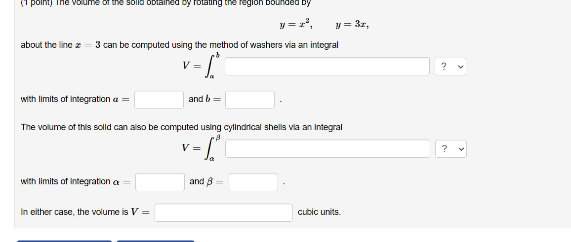 Solved y=x2,y=3x,about the line x=3 ﻿can be computed using | Chegg.com