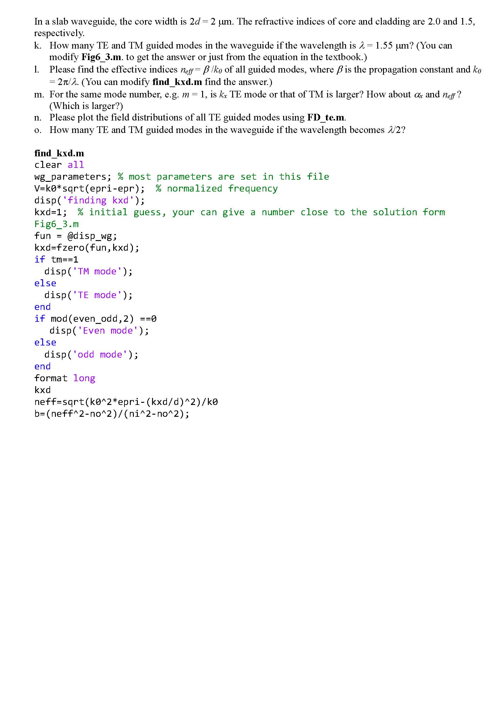 Solved In a slab waveguide, the core width is 2d=2μm. ﻿The | Chegg.com