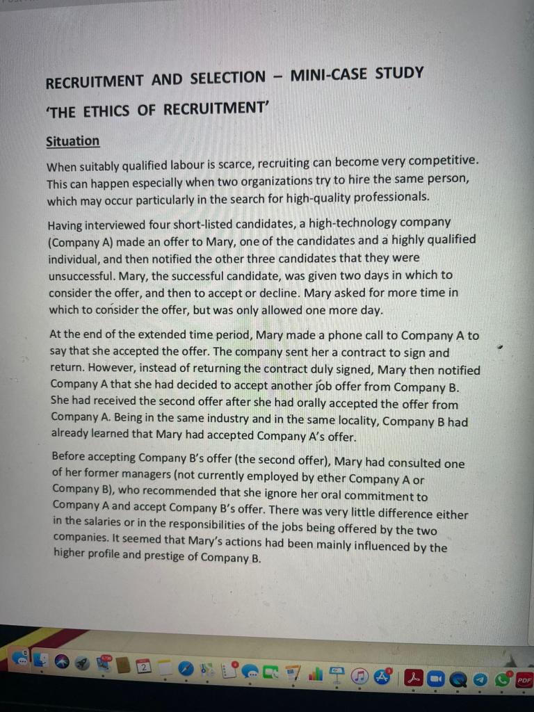 Solved - RECRUITMENT AND SELECTION MINI-CASE STUDY 'THE | Chegg.com