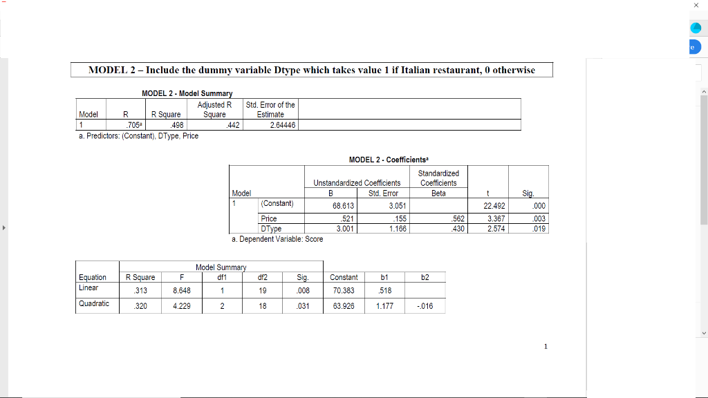 Solved MODEL 2 – Include the dummy variable Dtype which | Chegg.com