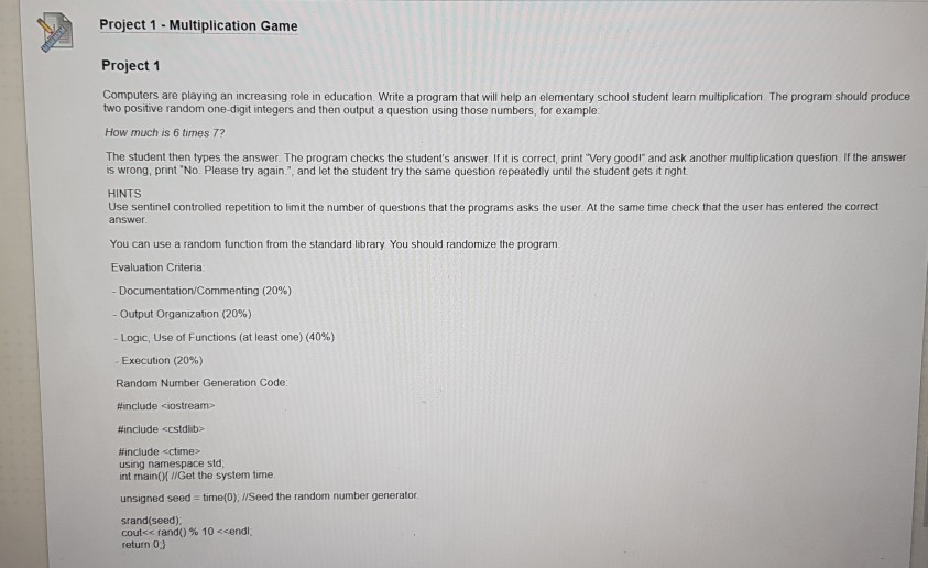 Solved Project 1 - Multiplication Game Project 1 Computers | Chegg.com