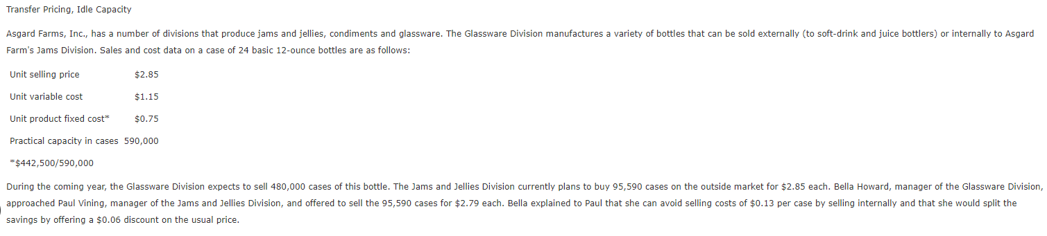 Solved Transfer Pricing, Idle Capacity Farm's Jams Division. | Chegg.com