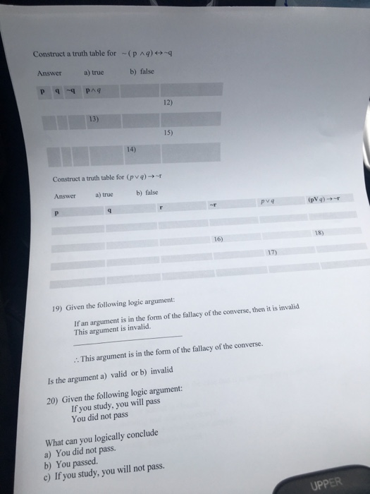 Solved Construct a truth table for (p Ag)- Answer a) true b) | Chegg.com