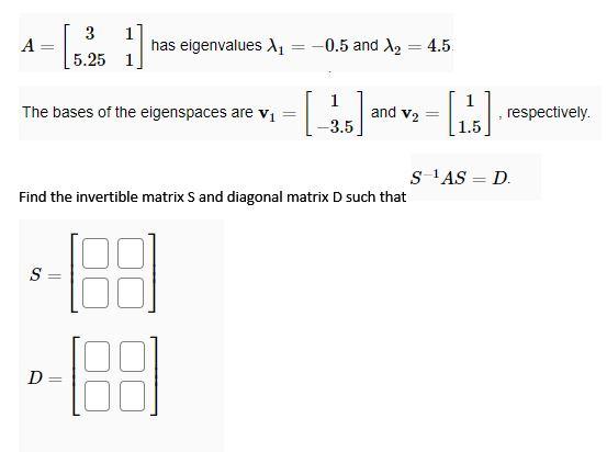 Solved Find the invertible matrix S and diagonal matrix D: | Chegg.com