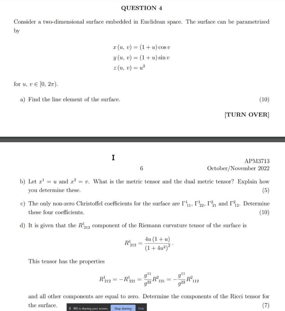 Consider a two-dimensional surface embedded in | Chegg.com