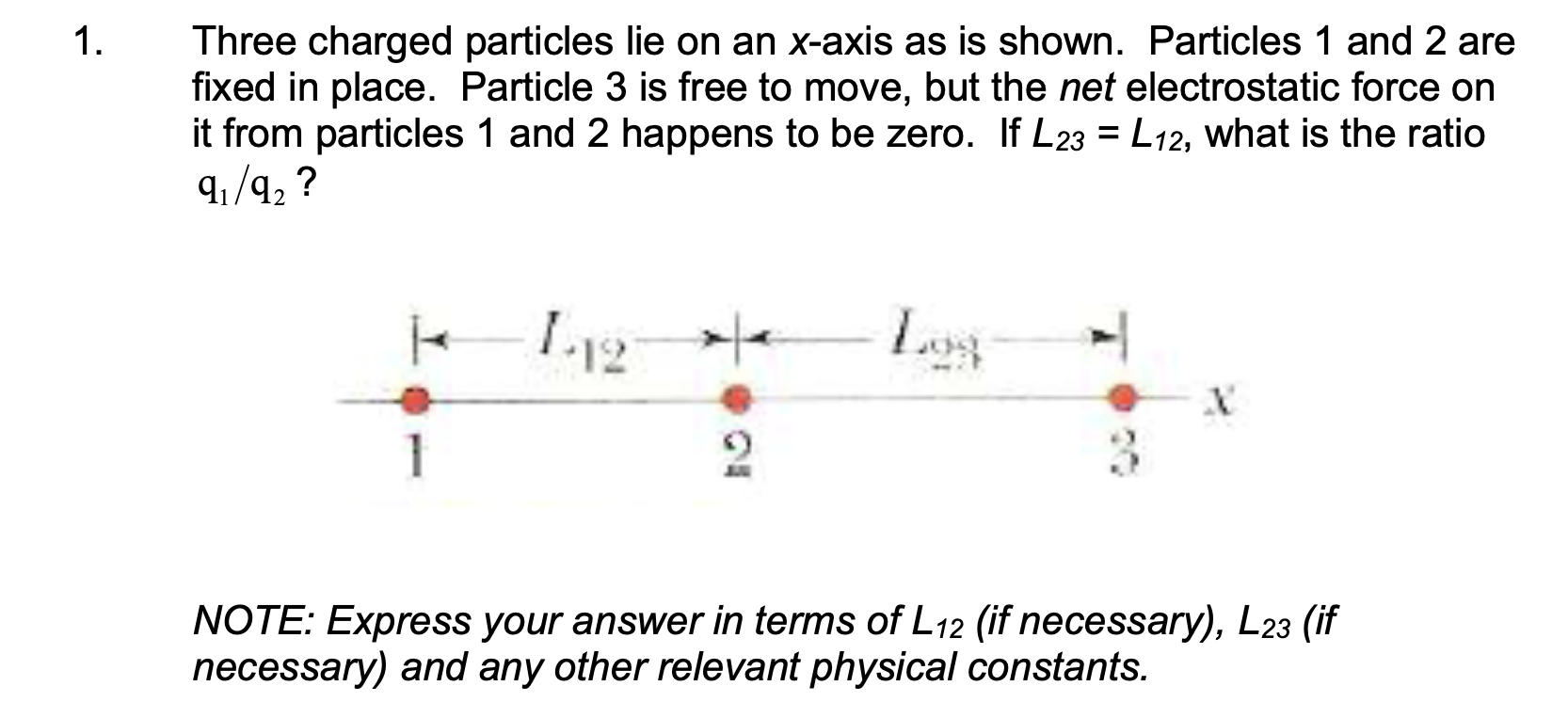 Solved 1. Three charged particles lie on an x-axis as is | Chegg.com