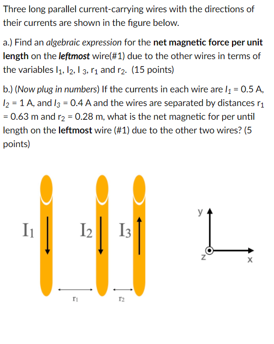 Solved Three long parallel current-carrying wires with the | Chegg.com