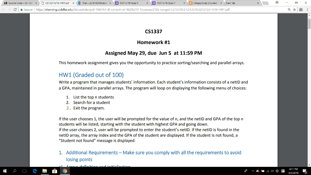 Source Code Cs ùcs1 337-U16-HW1.par Mail-H1613304u | Chegg.com