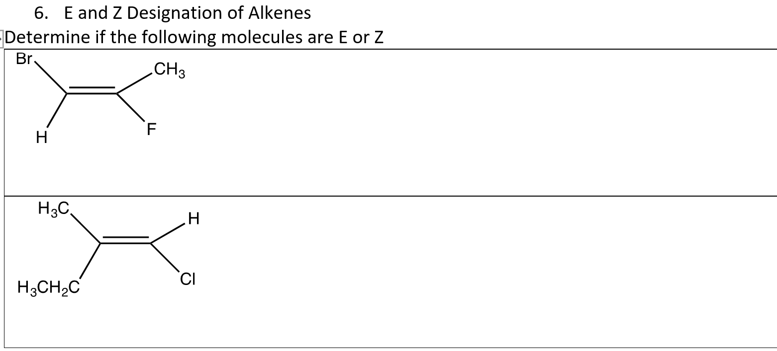 Solved 6. E and Z Designation of Alkenes Determine if the | Chegg.com